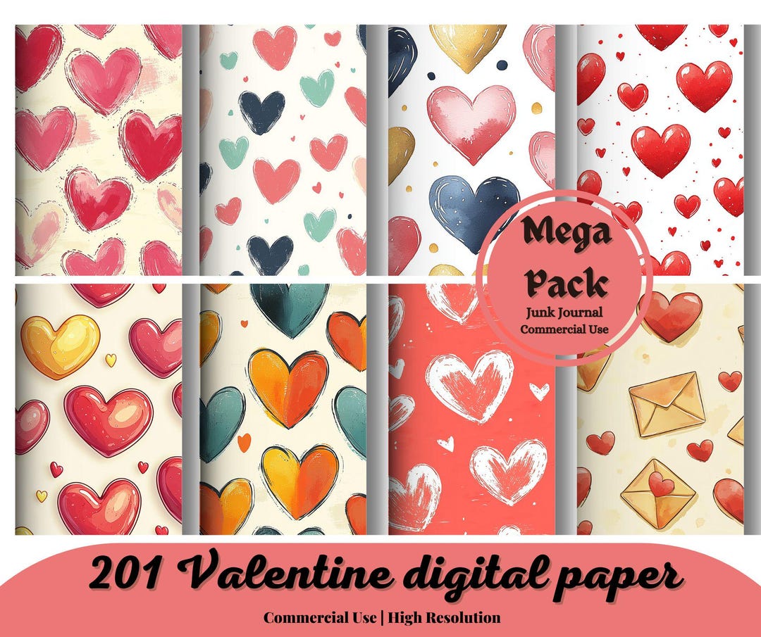 Valentine Digital Paper, Valentine's Day Scrapbook Papers, Hearts ...