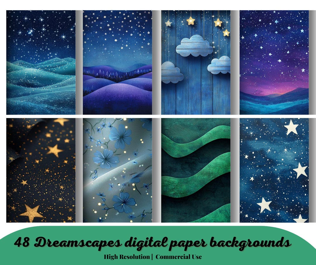 Dreamscapes Digital Paper Backgrounds, Fantasy Night Sky Scrapbook ...