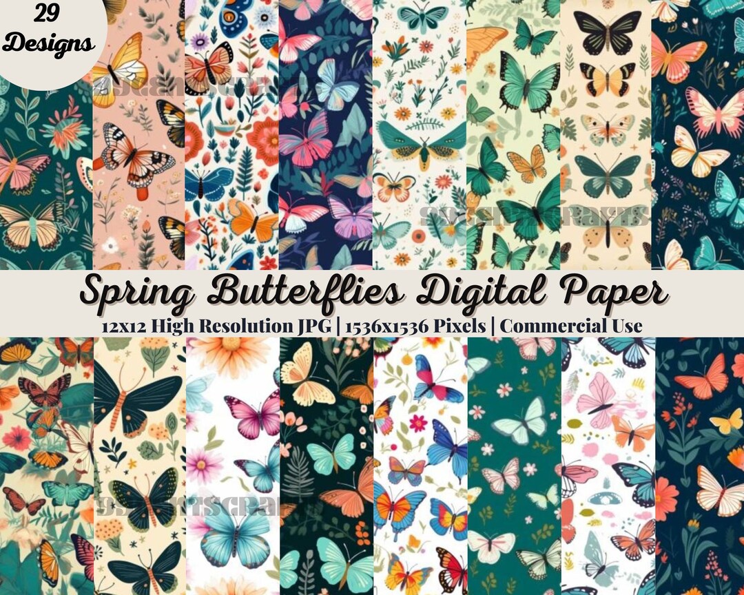 29 Butterflies Digital Paper Pack, Spring Paper, Flower Clip Art ...