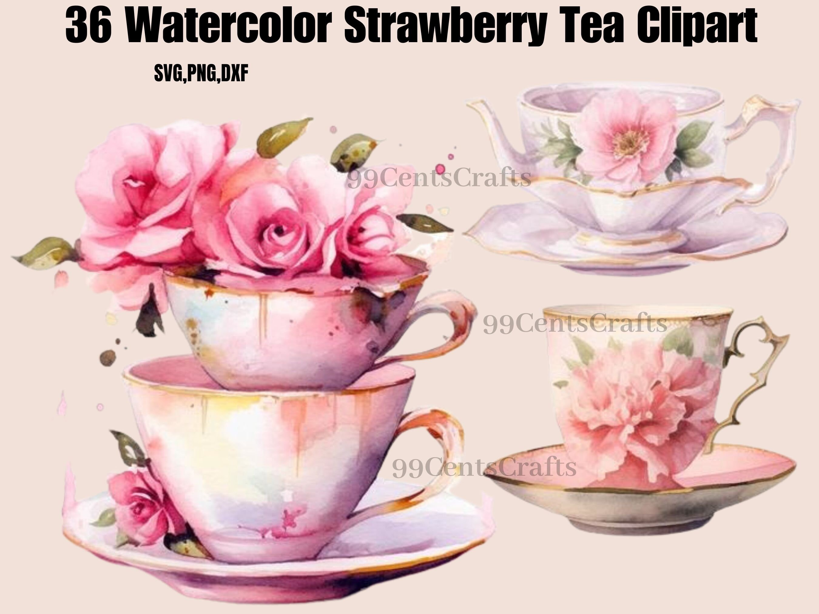 36 Watercolor Strawberry Tea Clipart Blush and Gold Tea Cups - Etsy