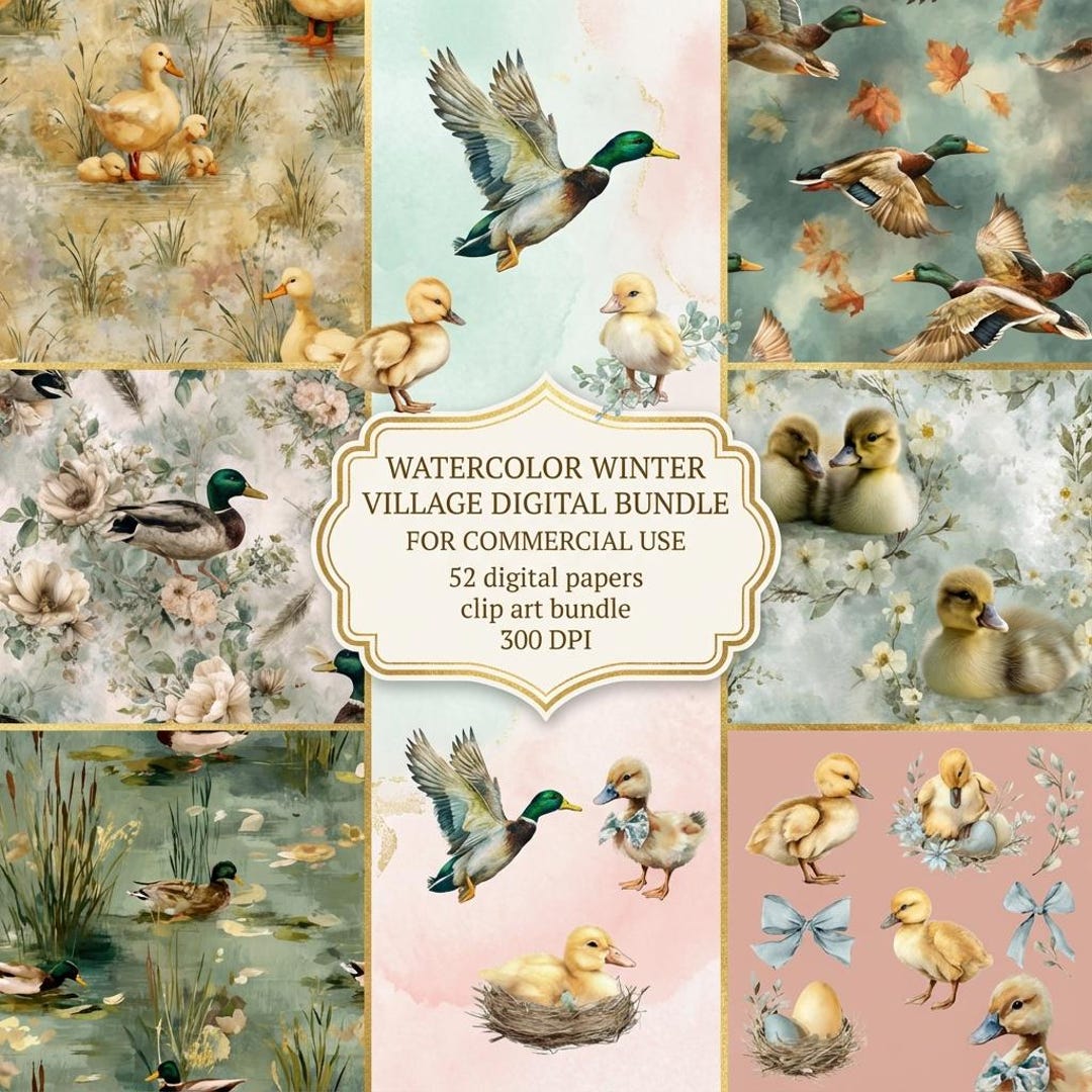 Watercolor Mallard Duck Clipart Bundle – 52 Hand-painted Duck Pngs for ...