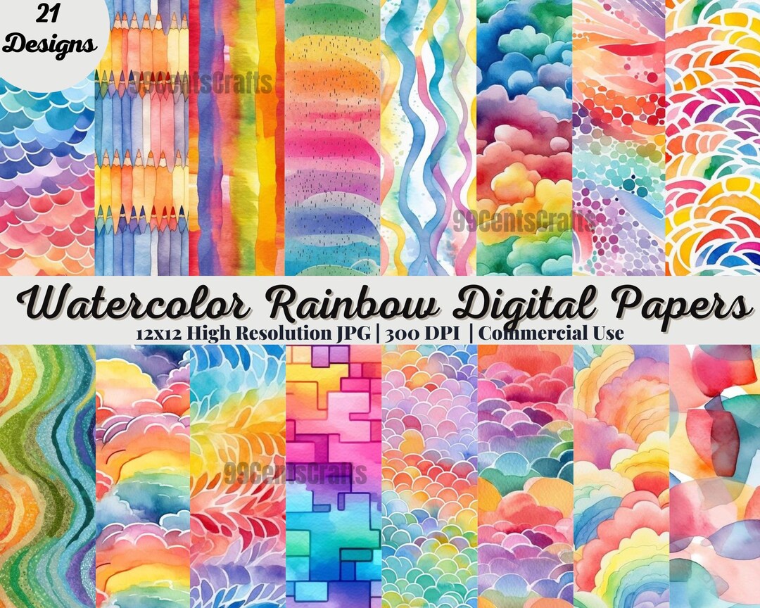 21 Watercolor Rainbow Digital Papers(seamless Format), Watercolor ...