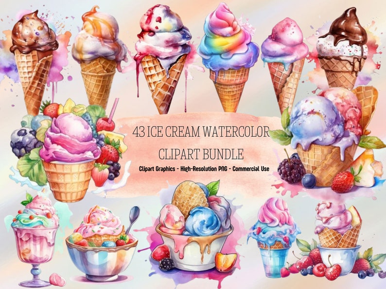 43 Ice Cream Watercolor Clipart Bundle PNG Images of Flavored Tasty ...