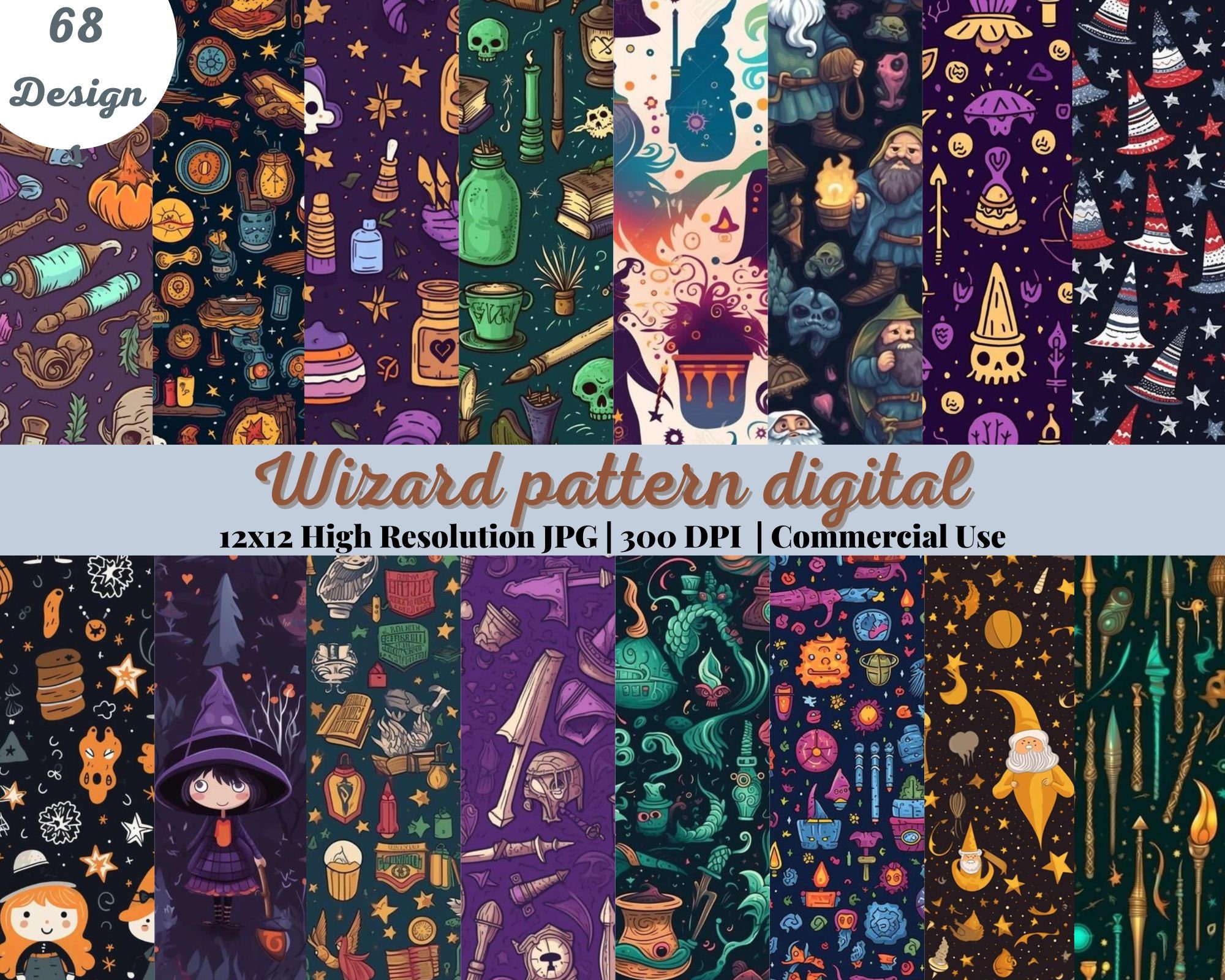 68 Wizard Pattern Digital Paper, Seamless Pattern Wizard Junk Journal ...