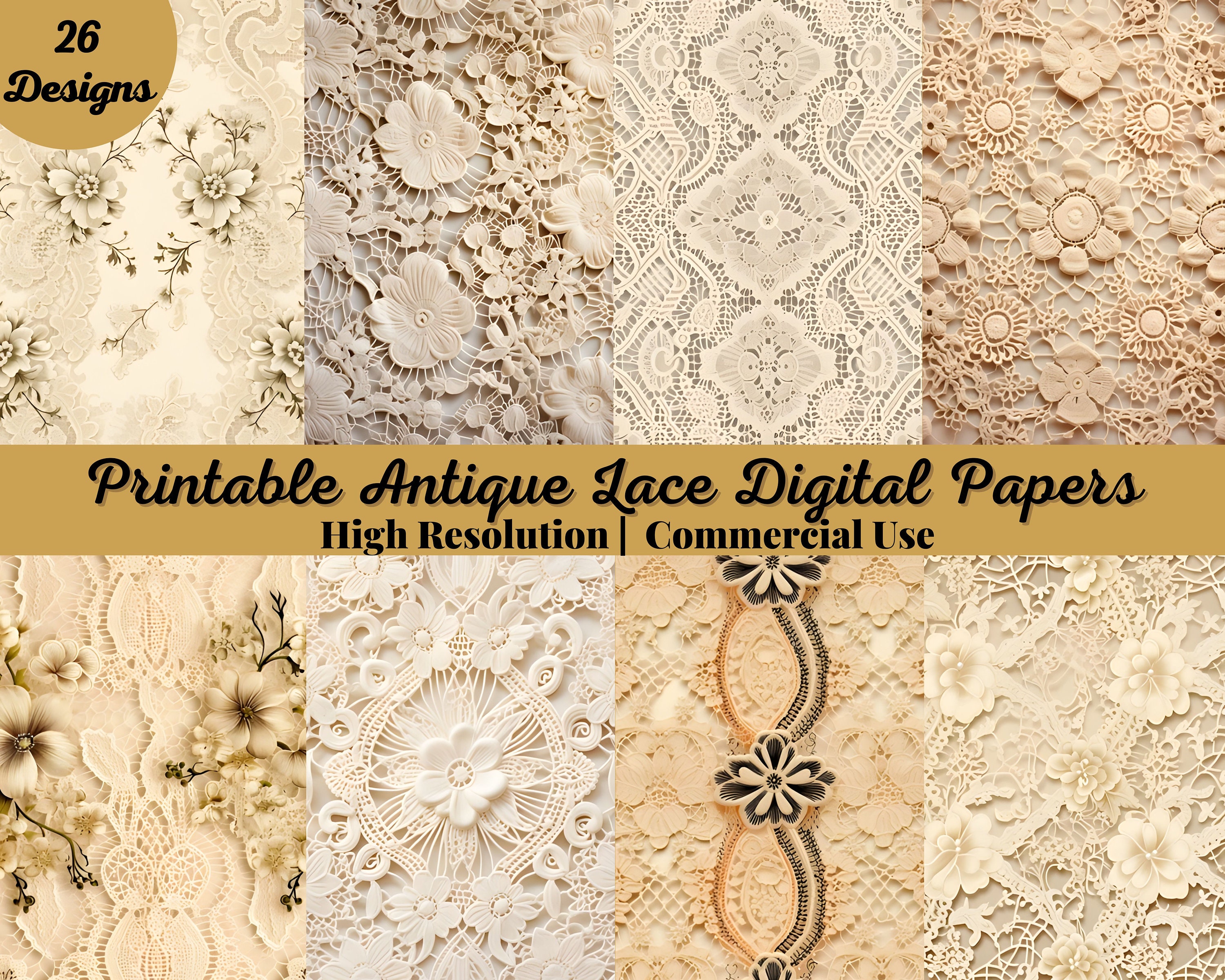 26 Printable Antique Lace Digital Papers, Lace Page, Distressed ...