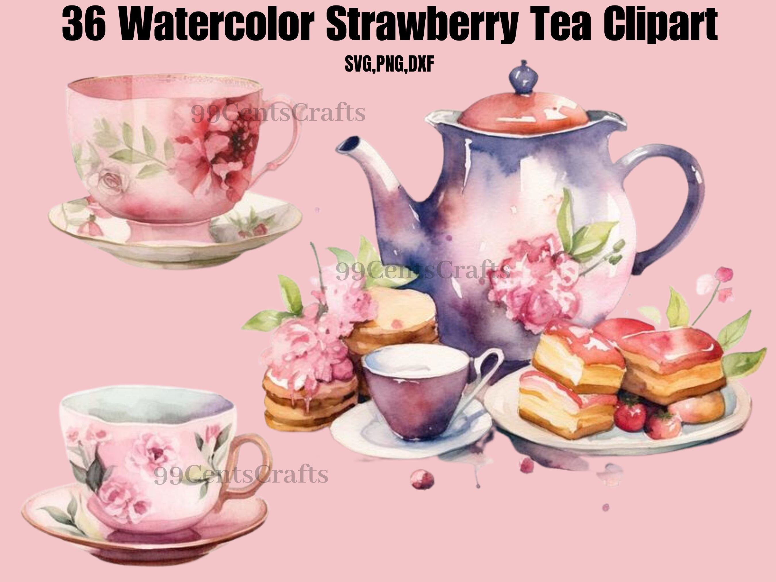 36 Watercolor Strawberry Tea Clipart Blush and Gold Tea Cups - Etsy