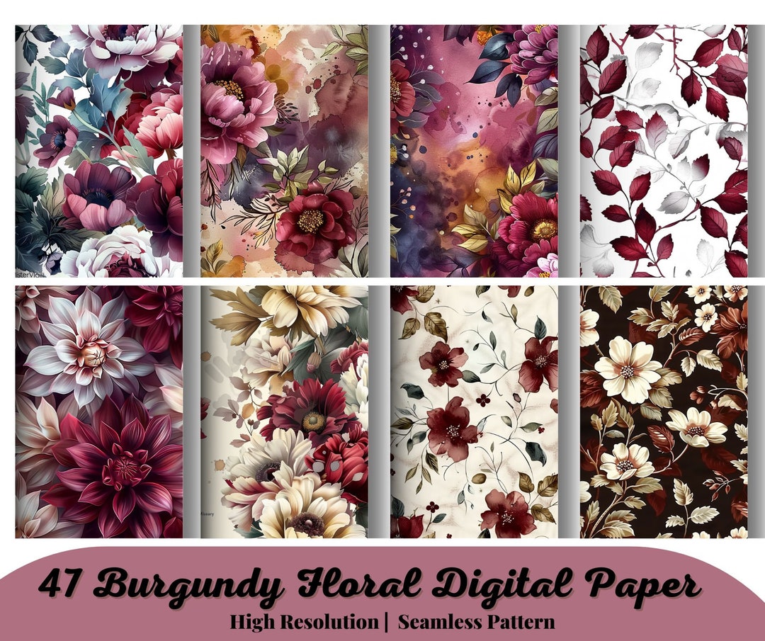 47 Burgundy Floral Digital Paper, Abstract Burgundy Watercolor Flowers ...