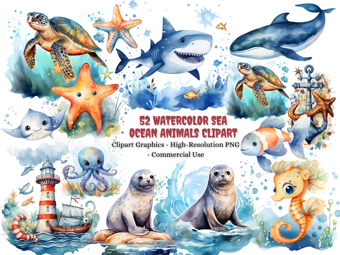 52 Watercolor Sea Ocean Animals Clipart, Cute Decor Bundle for Kids ...