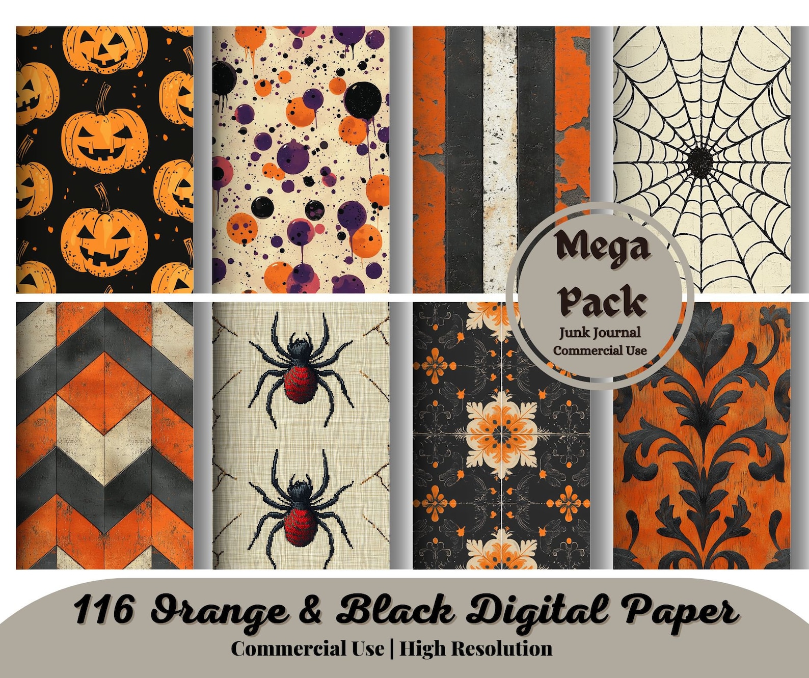 116 Vintage Halloween Digital Design Paper,orange & Black Patterns ...