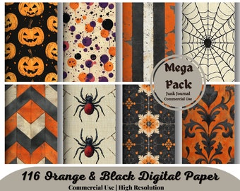 Vintage Halloween Digital Design Paper Orange & Black Patterns, Classic ...