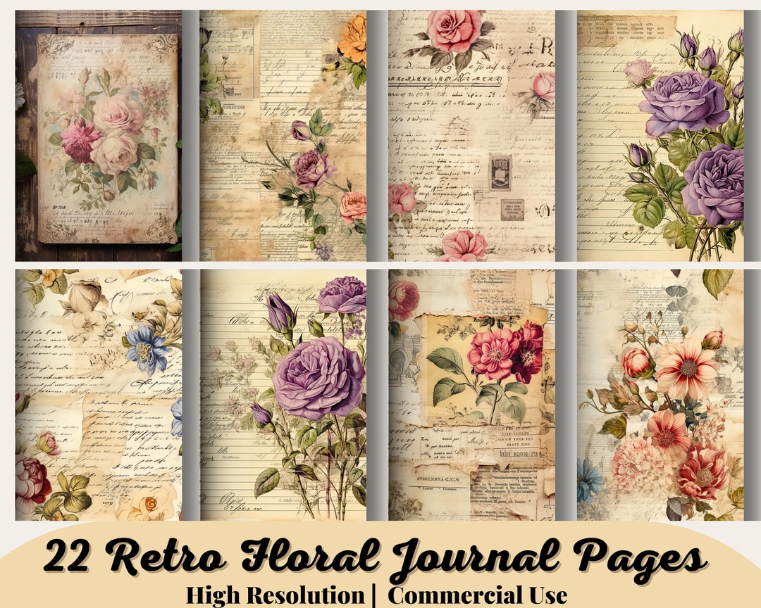 22 Retro Floral Journal Pages, Junk Journal Kit, Basic Papers ...