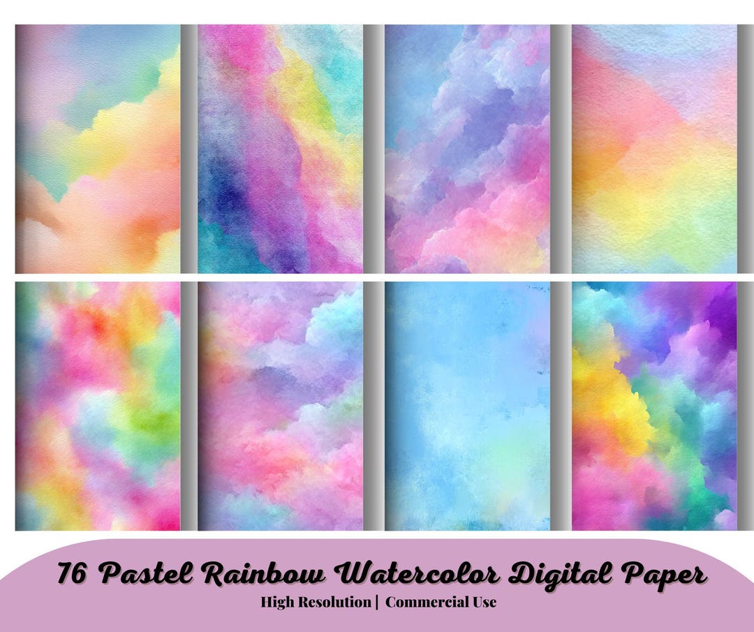 76 Pastel Rainbow Watercolor Digital Paper, Watercolor, Textures ...