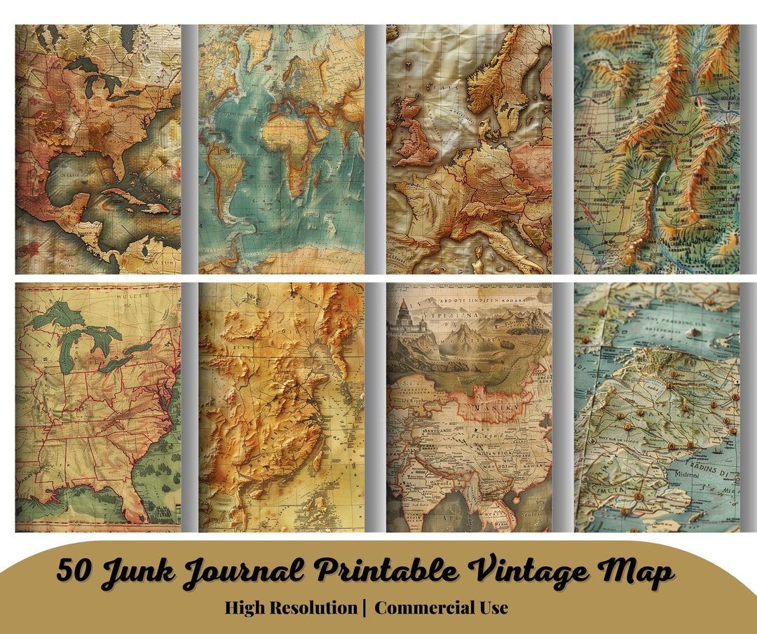 50 Junk Journal Printable Vintage Map Papers, Vintage Paper Journal ...