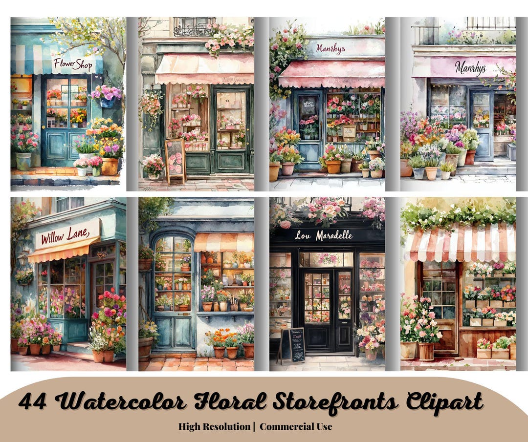 Watercolor Floral Storefronts Clipart, Florist and Boutique PNG Format ...