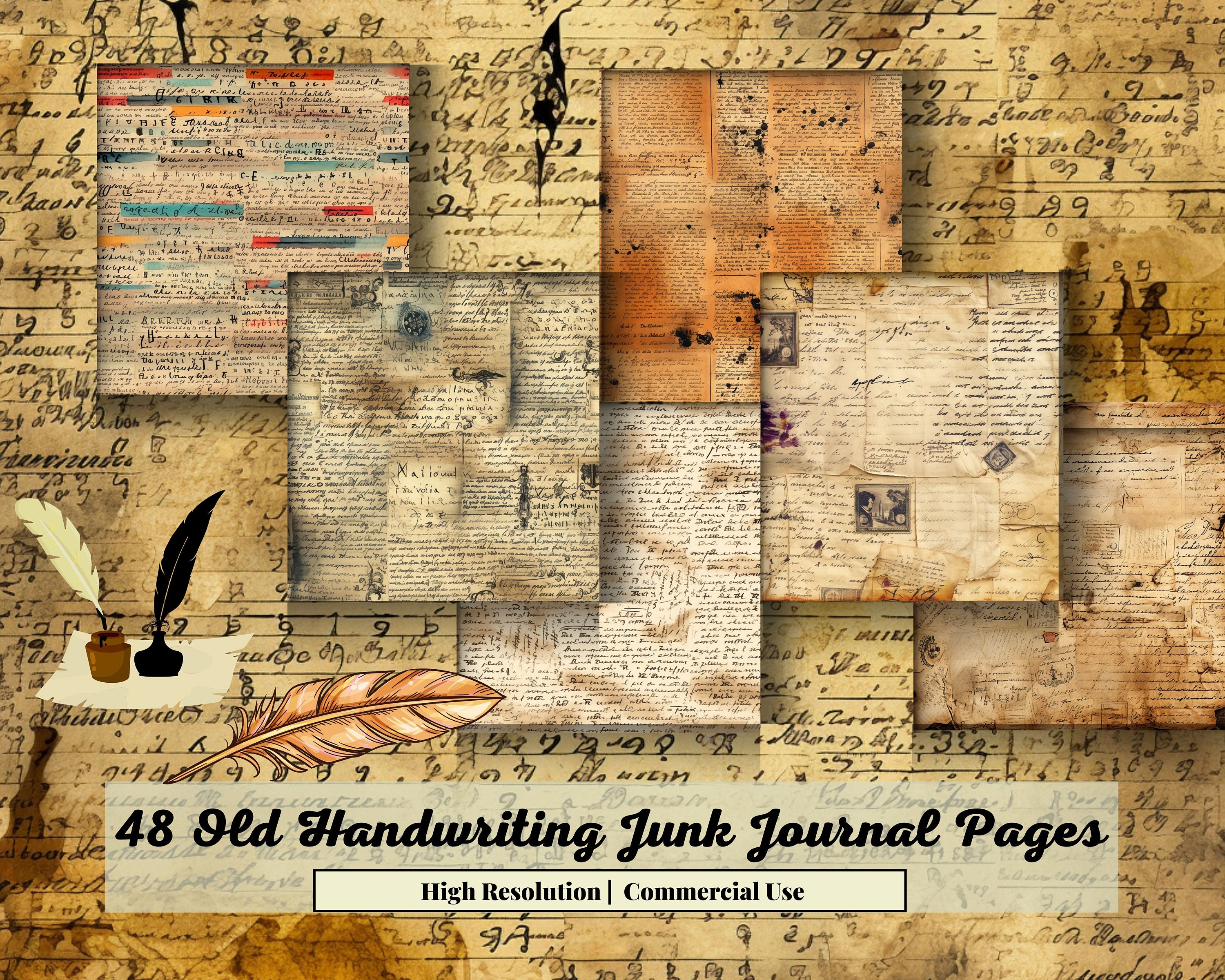48 Old Handwriting Junk Journal Pages, Digital Scrapbook Paper Kit ...