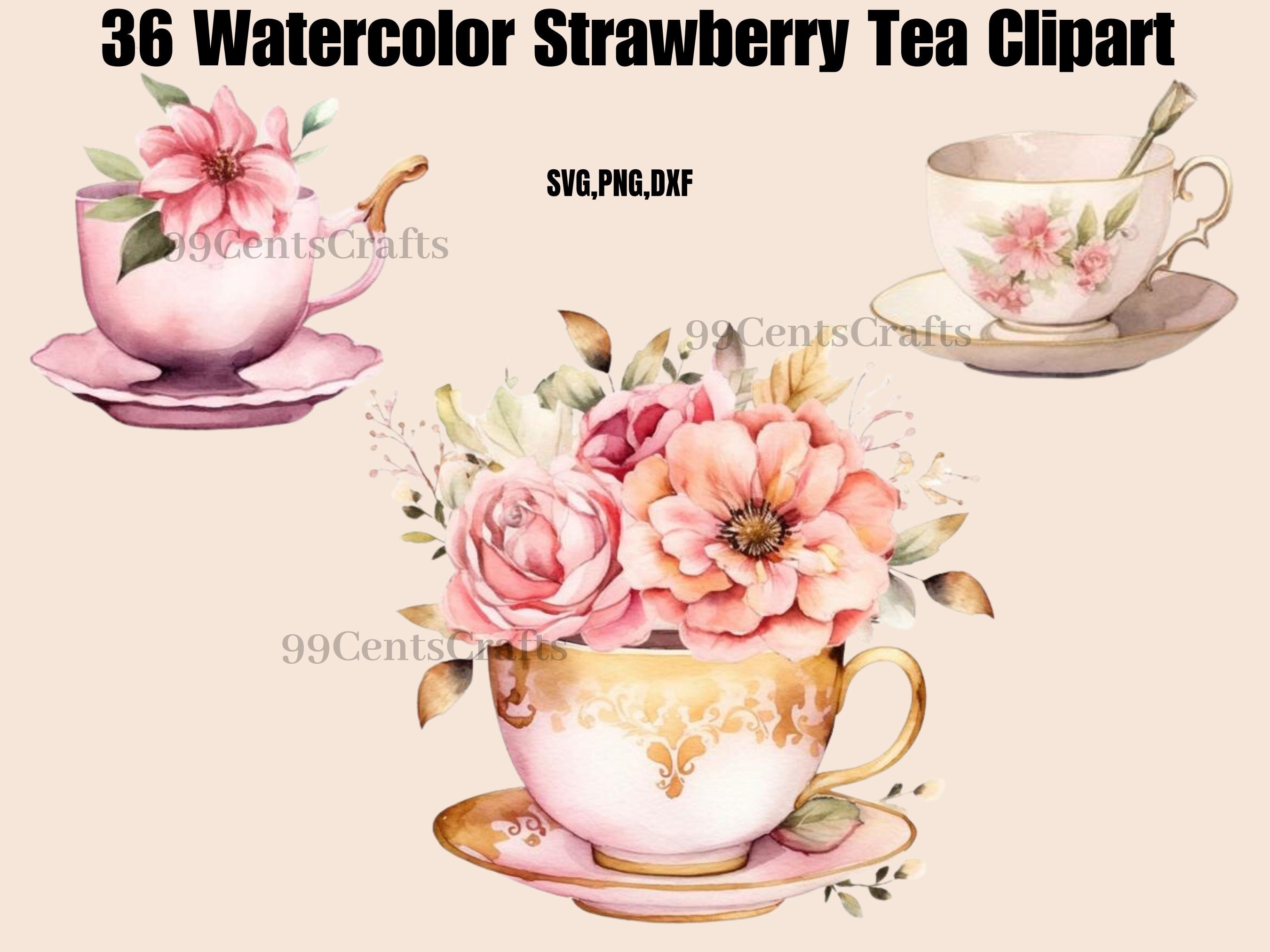 36 Watercolor Strawberry Tea Clipart Blush and Gold Tea Cups - Etsy