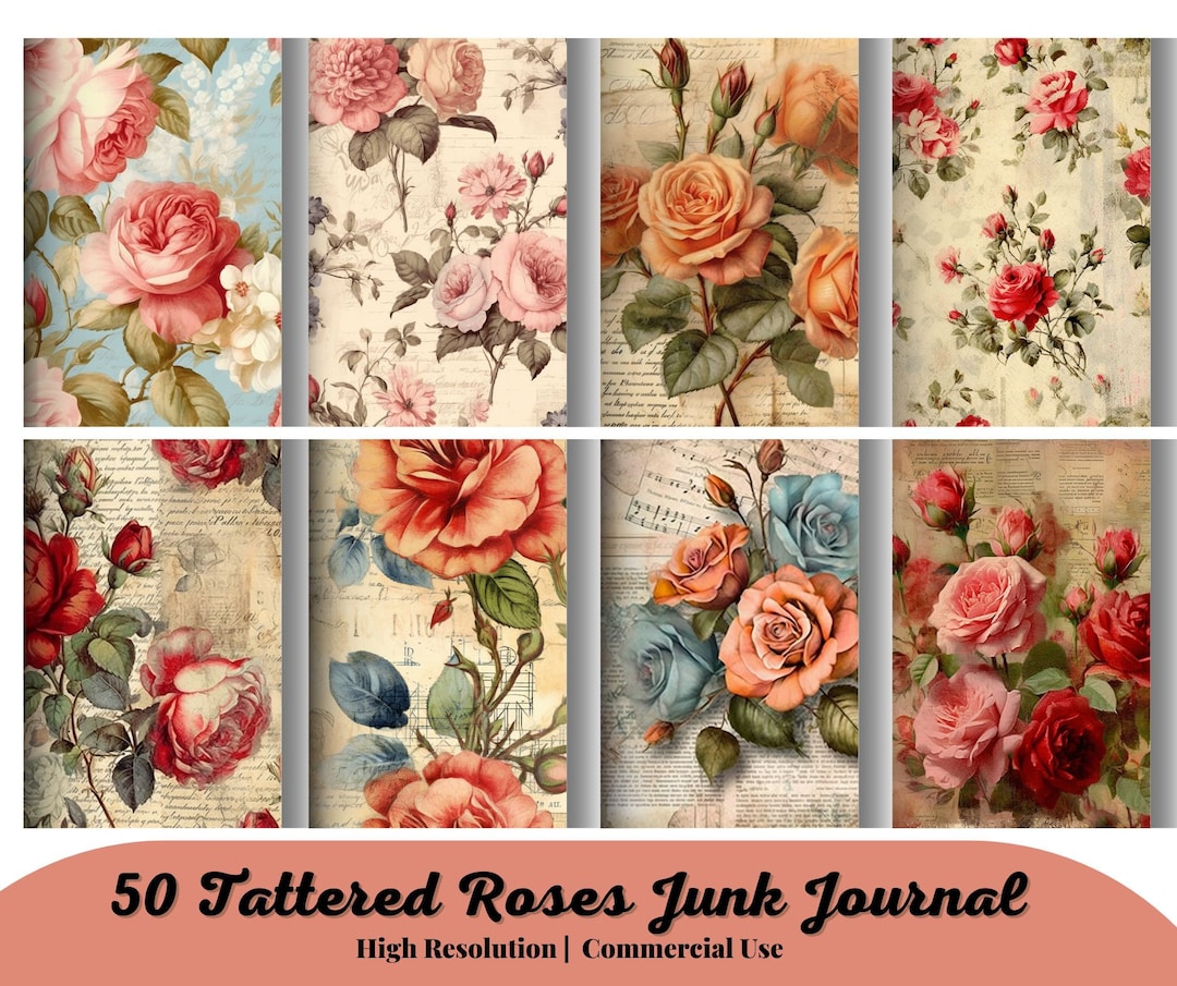 50 Tattered Roses Junk Journal Papers, Shabby Chic, Shabby Roses ...