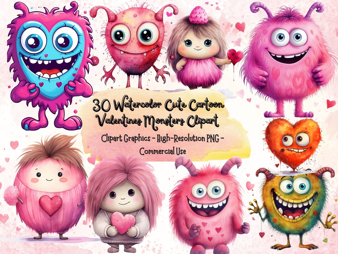 30 Watercolor Cute Cartoon Valentines Monsters Clipart, PNG Valentines ...