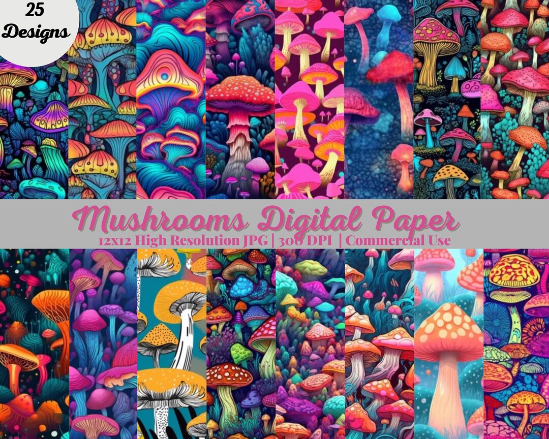 25 Mushrooms Digital Paper | Watercolor Magical Mushroom | Fairy ...