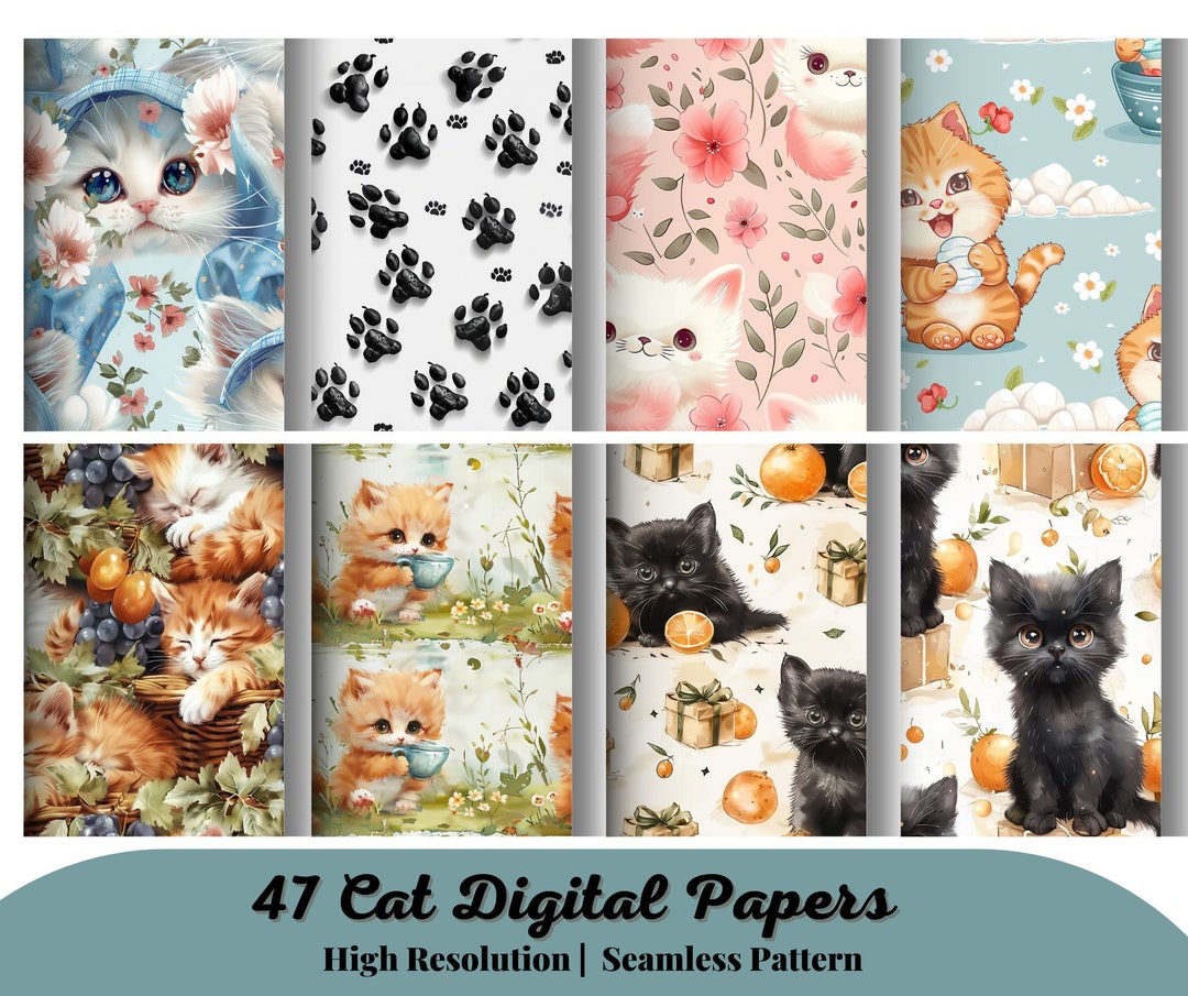 47 Cat Digital Papers, Cute Kitty Seamless Pattern, Kitten Background ...