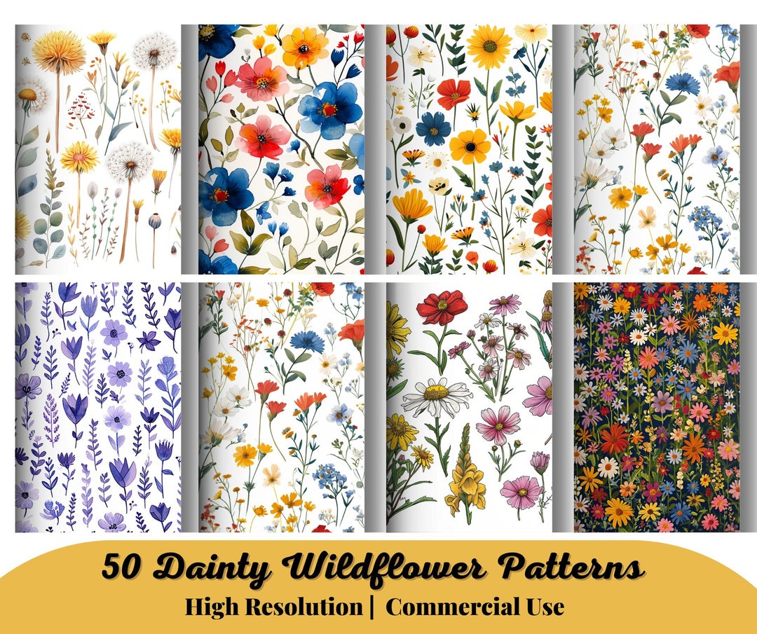 50 Dainty Wildflower Patterns, Wildflower Seamless Patterns Set ...