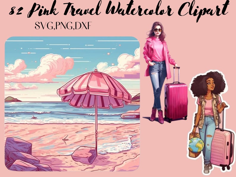 82 Travel Watercolor Clipart Pink Girly Travel Png Suitcase - Etsy
