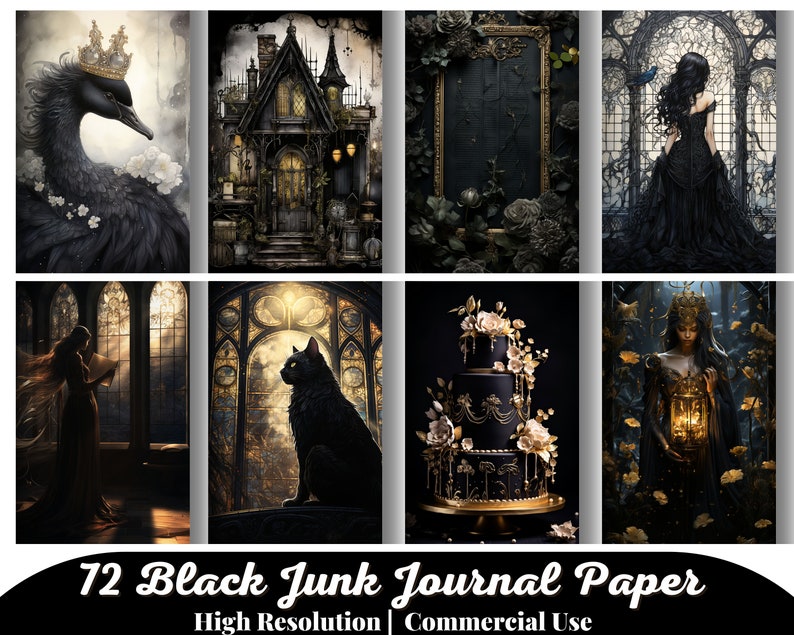 72 Big Bundle, Black Junk Journal Paper, Digital Download, Watercolor ...