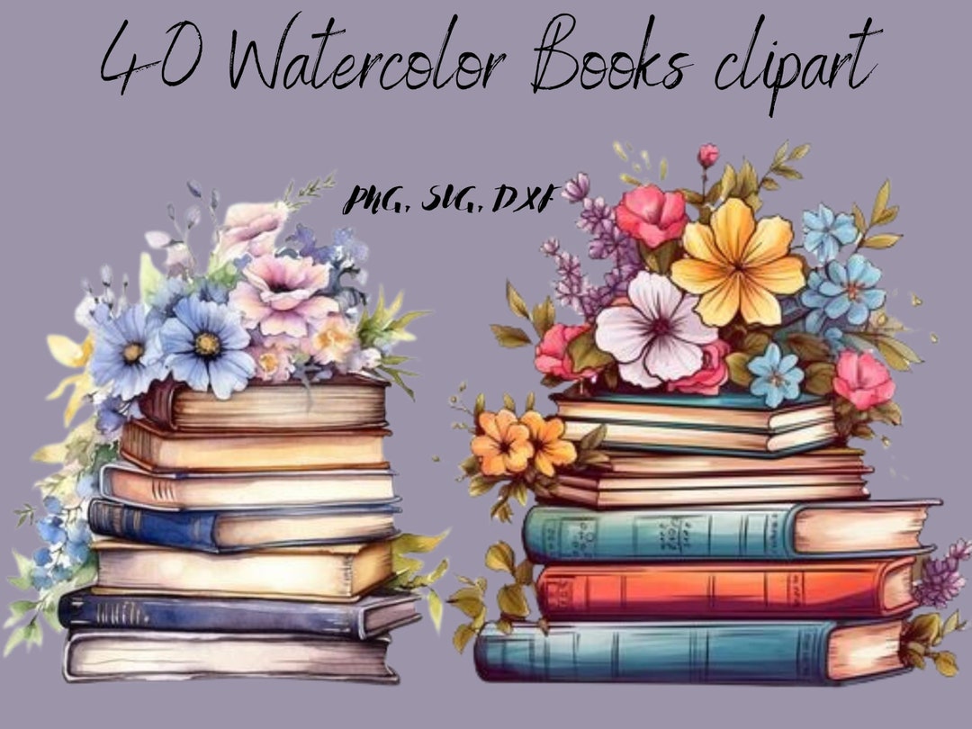 40 Watercolor Books PNG,SVG, DXF Bookish Clipart, Books Stacks Clip Art ...