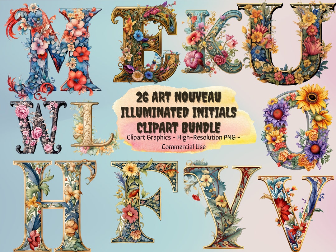 26 Art Nouveau Illuminated Initials Clipart Bundle Full English ...