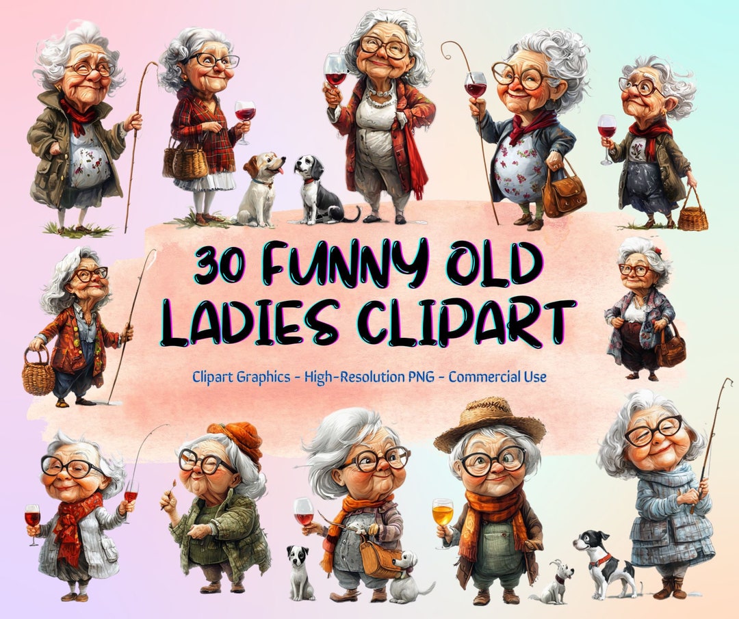 30 Funny Old Ladies Clipart, Cute Cartoon Grandma, Happy Woman Clipart ...