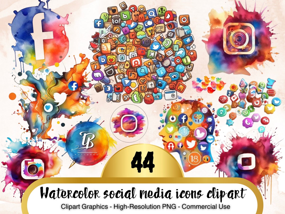 44 Watercolor Social Media Icons Clipart, Website Icons, Blog, Blogger ...