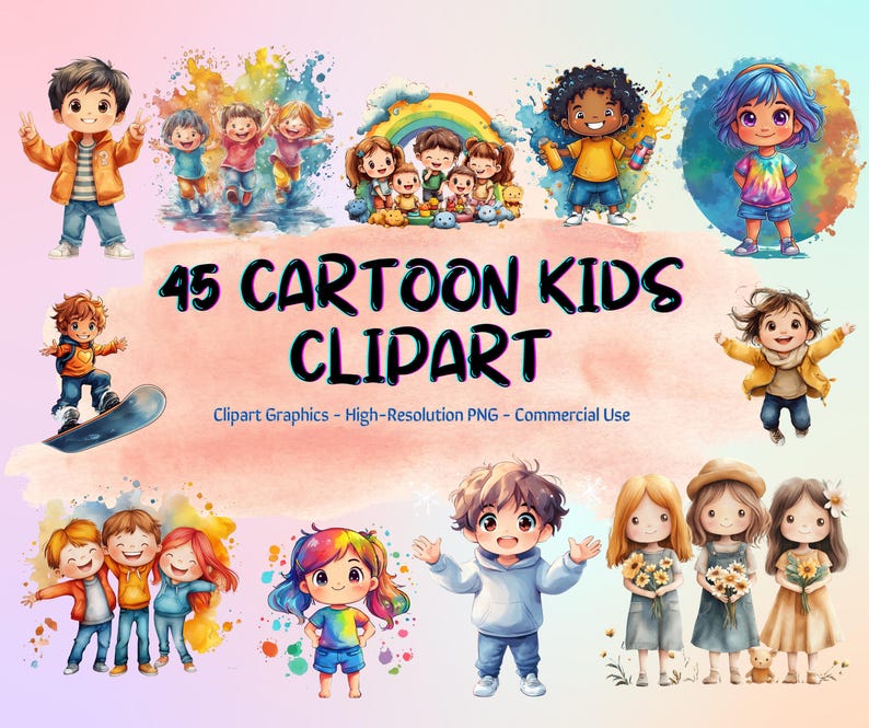 45 Watercolor Cartoon Kids Clipart, Cute Children Jumping With Joy ...