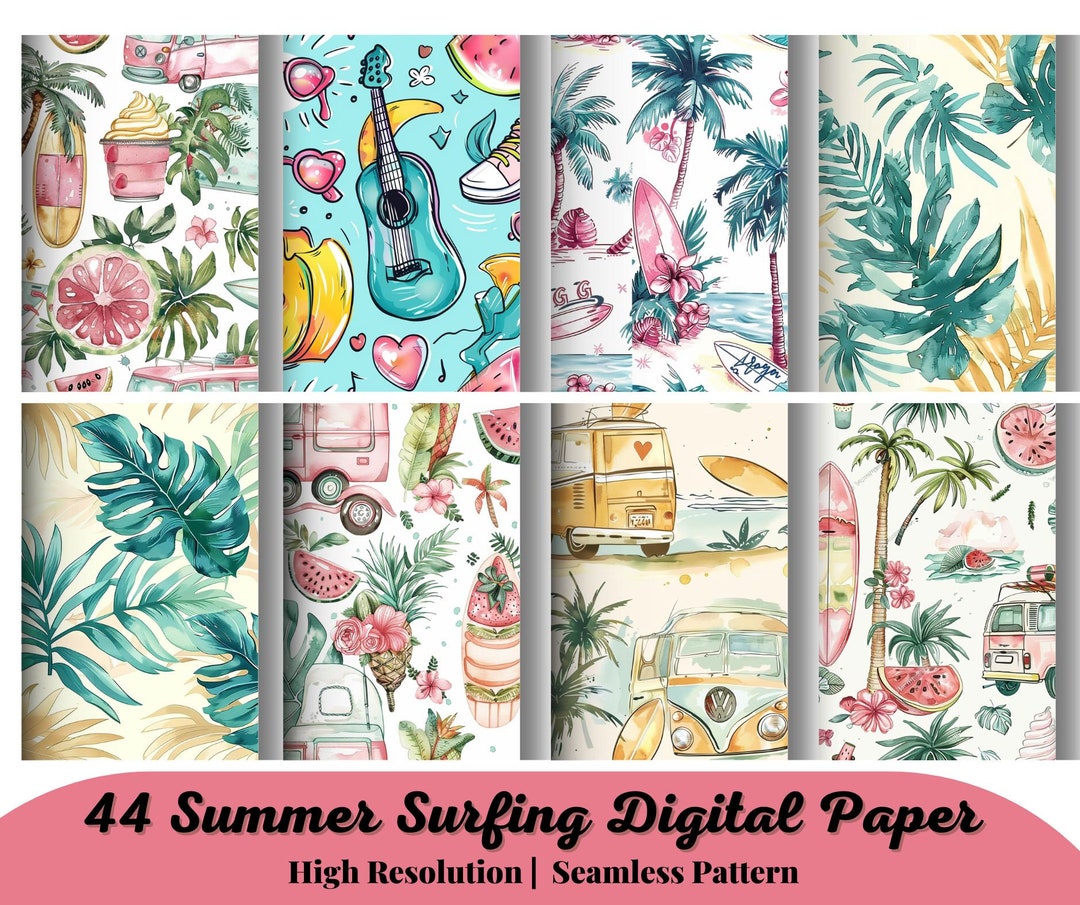 44 Summer Surfing Digital Paper, Hand Drawn Tropical Pattern,surf Bus ...
