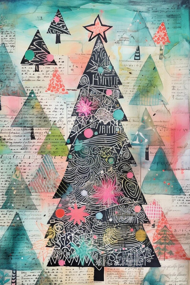 36 Whimsical Christmas Tree Junk Journal Half Pages, Printable Paper ...