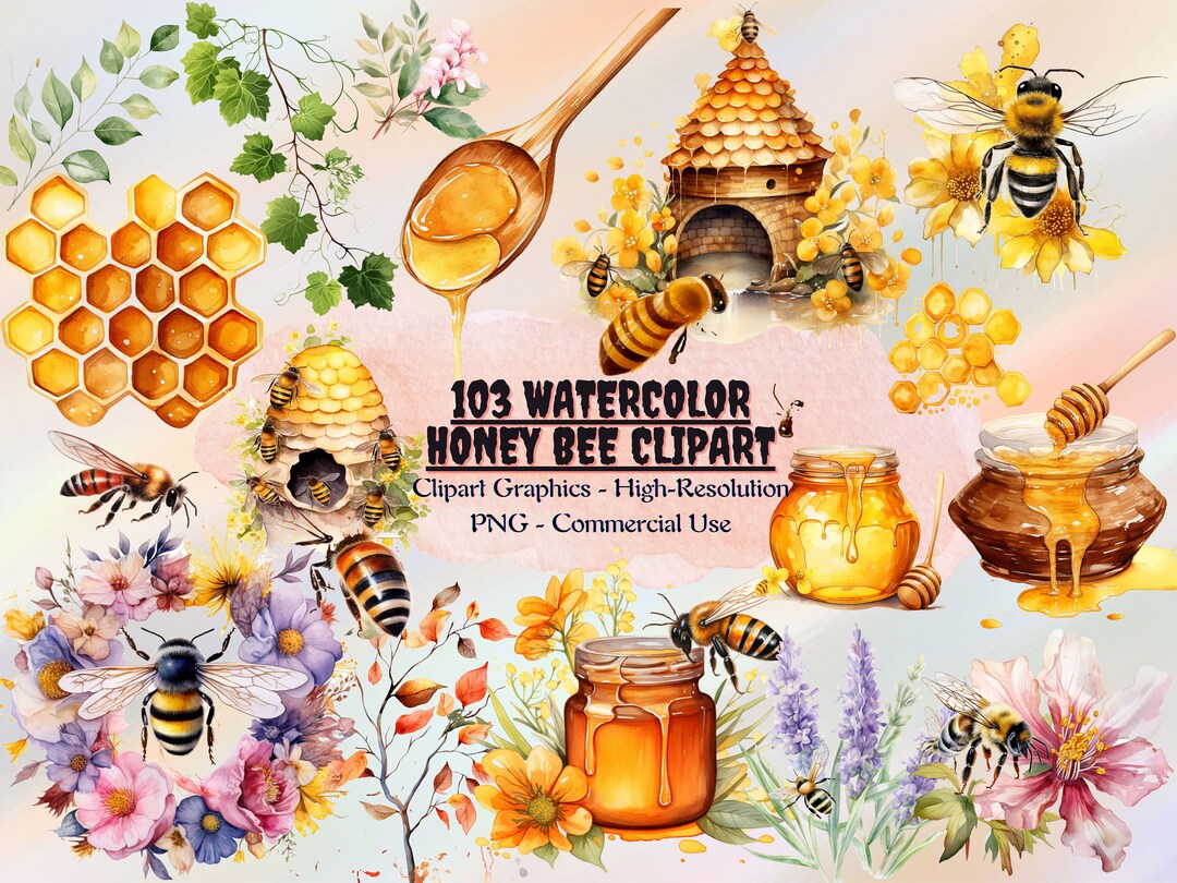 103 Watercolor Honey Bee Clipart Spring Garden Bee and Honey Drips Clip ...