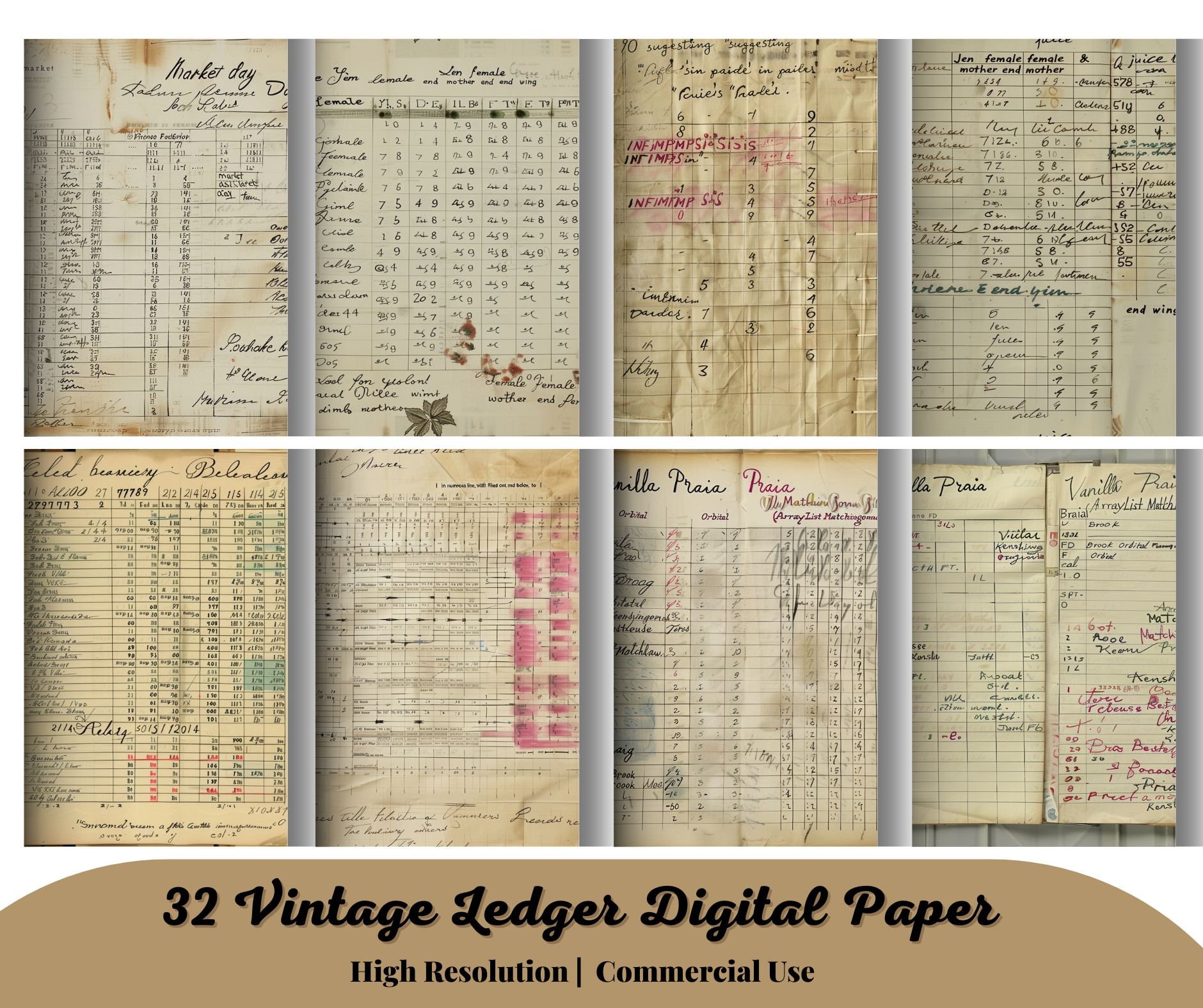 32 Vintage Ledger Pages Printable Antique Junk Journal Paper, Digital ...