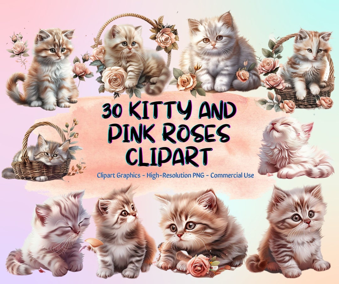 30 Kitty and Light Pink Roses Clipart Bundle, Kitten Clipart, Cute Cat ...