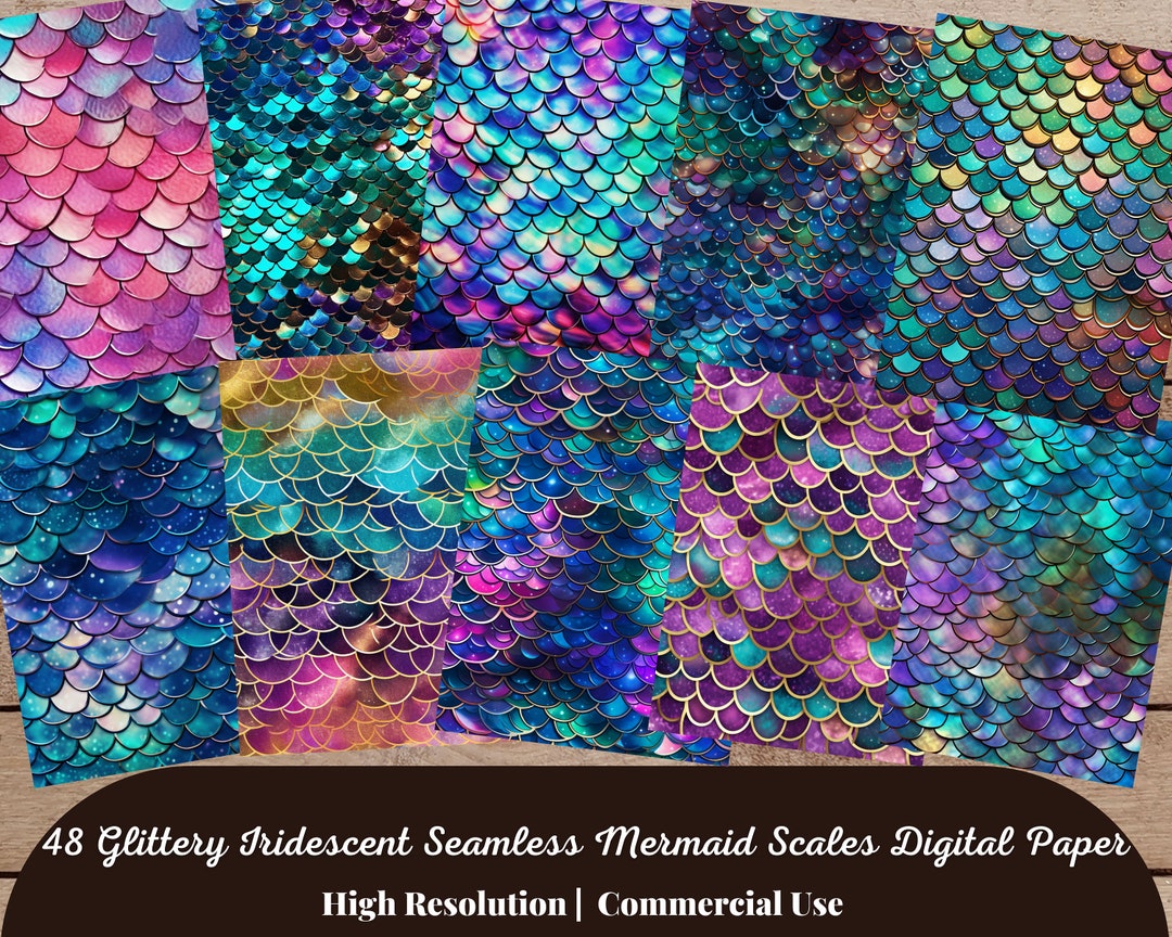 48 Glittery Iridescent Seamless Mermaid Scales Digital Paper ...