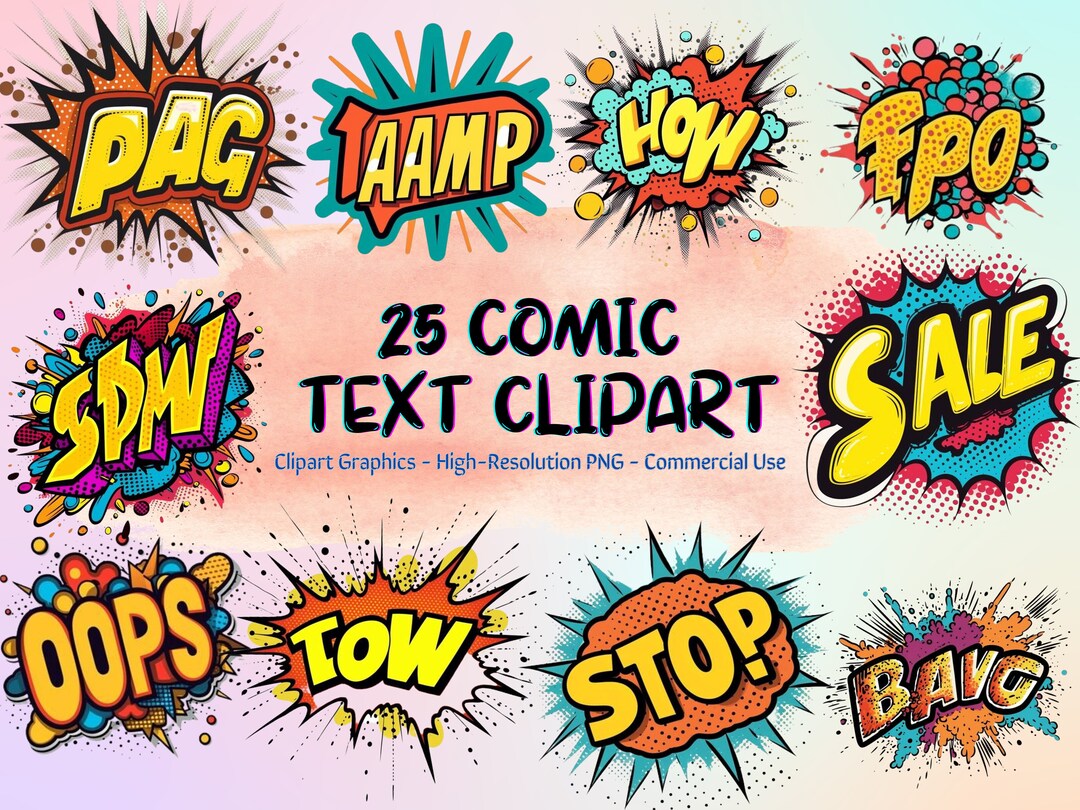 25 Comic Text Clipart, Comic Book Clipart, Superhero Party Clipart ...