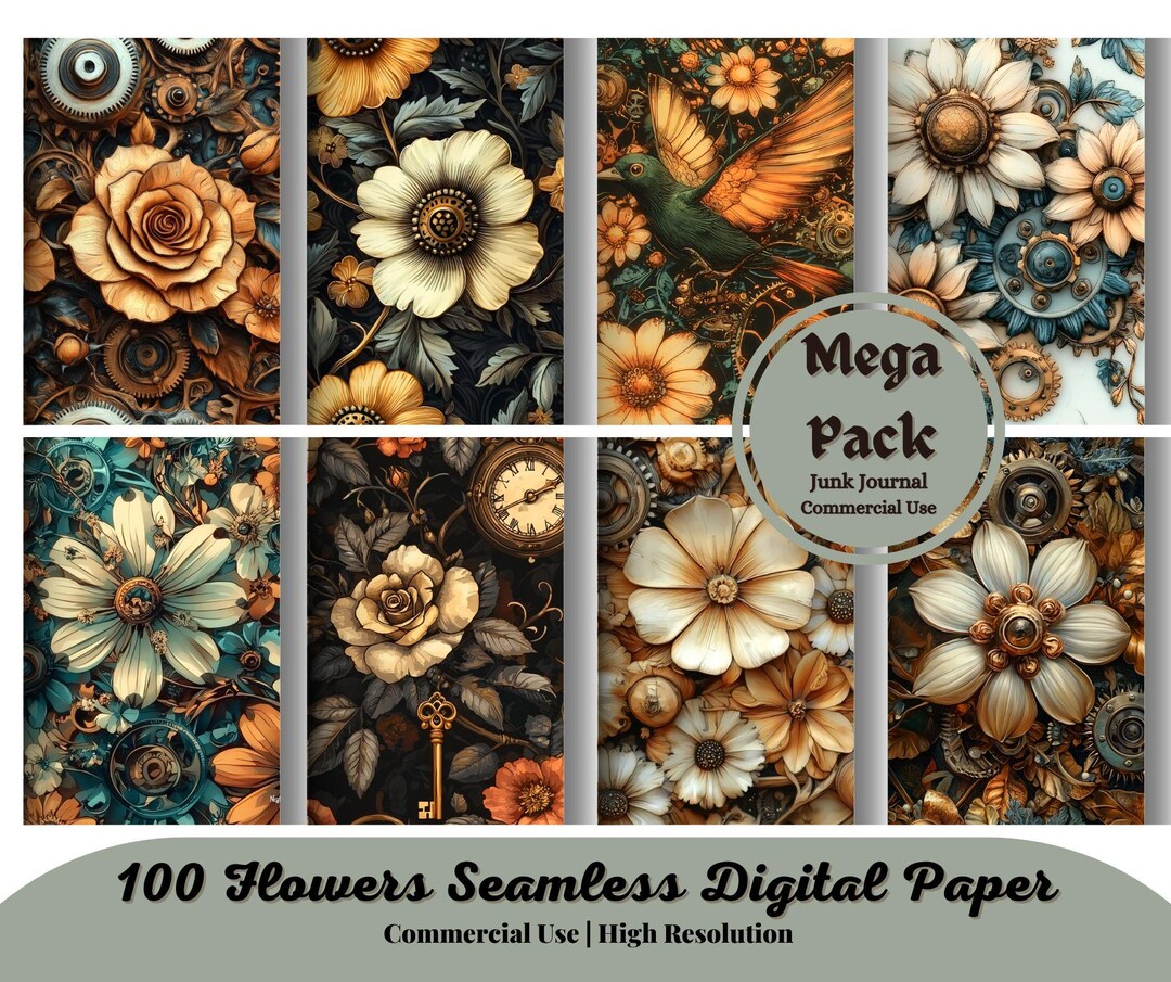 Seamless Steampunk Floral Digital Paper, Steampunk Flowers Seamless ...