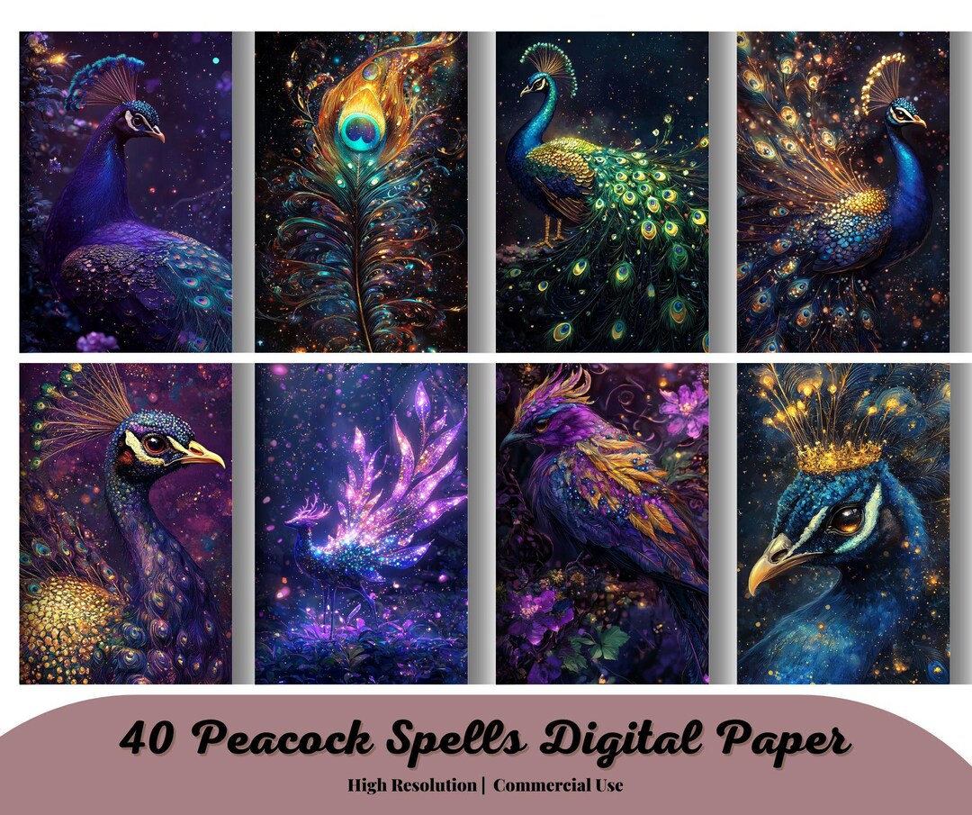 Peacock Spells Digital Paper, Dark Galaxy Magic Floral Grunge Textures ...
