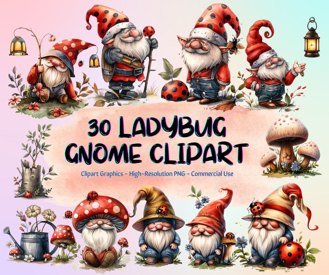 30 Ladybug Gnome Clipart Bundle, Gnome Clipart, Spring Gnome Png ...