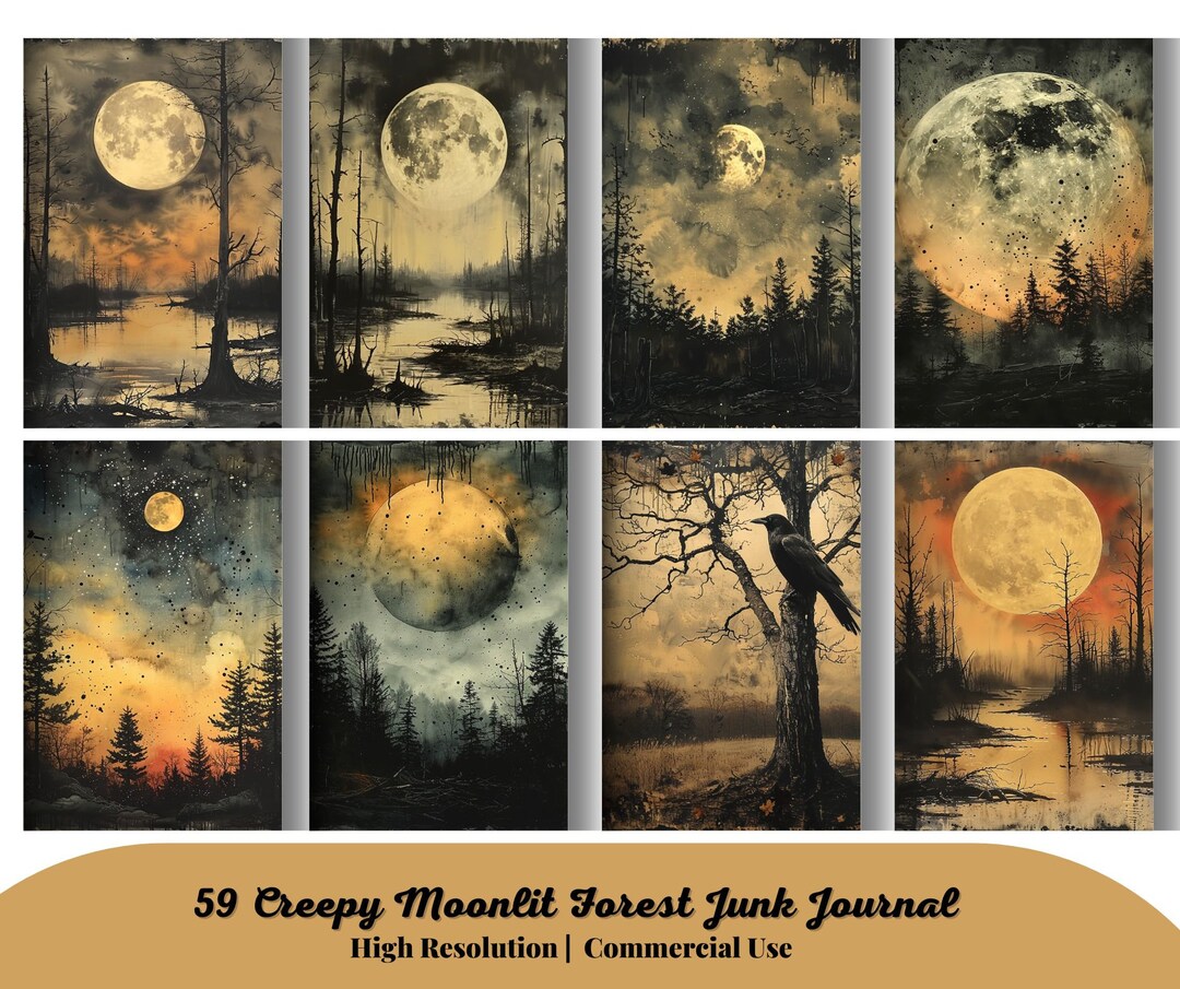 59 Creepy Moonlit Forest Junk Journal Pages Dark Fantasy Black ...