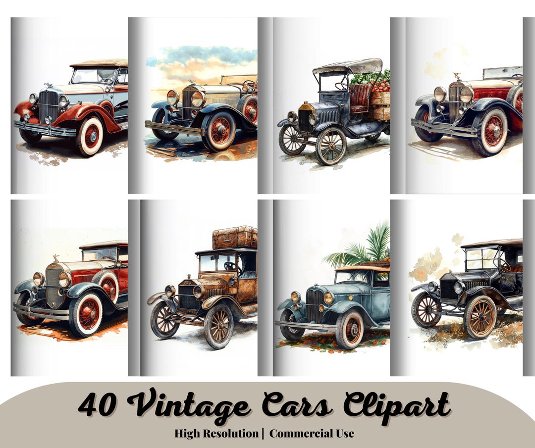 40 Watercolor Cars Clipart, Digital Download, Vintage Car, Wall Art ...