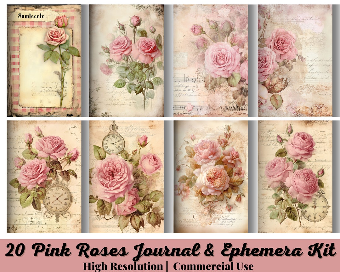 20 Pink Roses Journal Ephemera Kit, Vintage, Shabby Chic Pink Roses ...