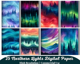 Northern Lights Digital Paper Aurora Borealis Background Watercolor ...