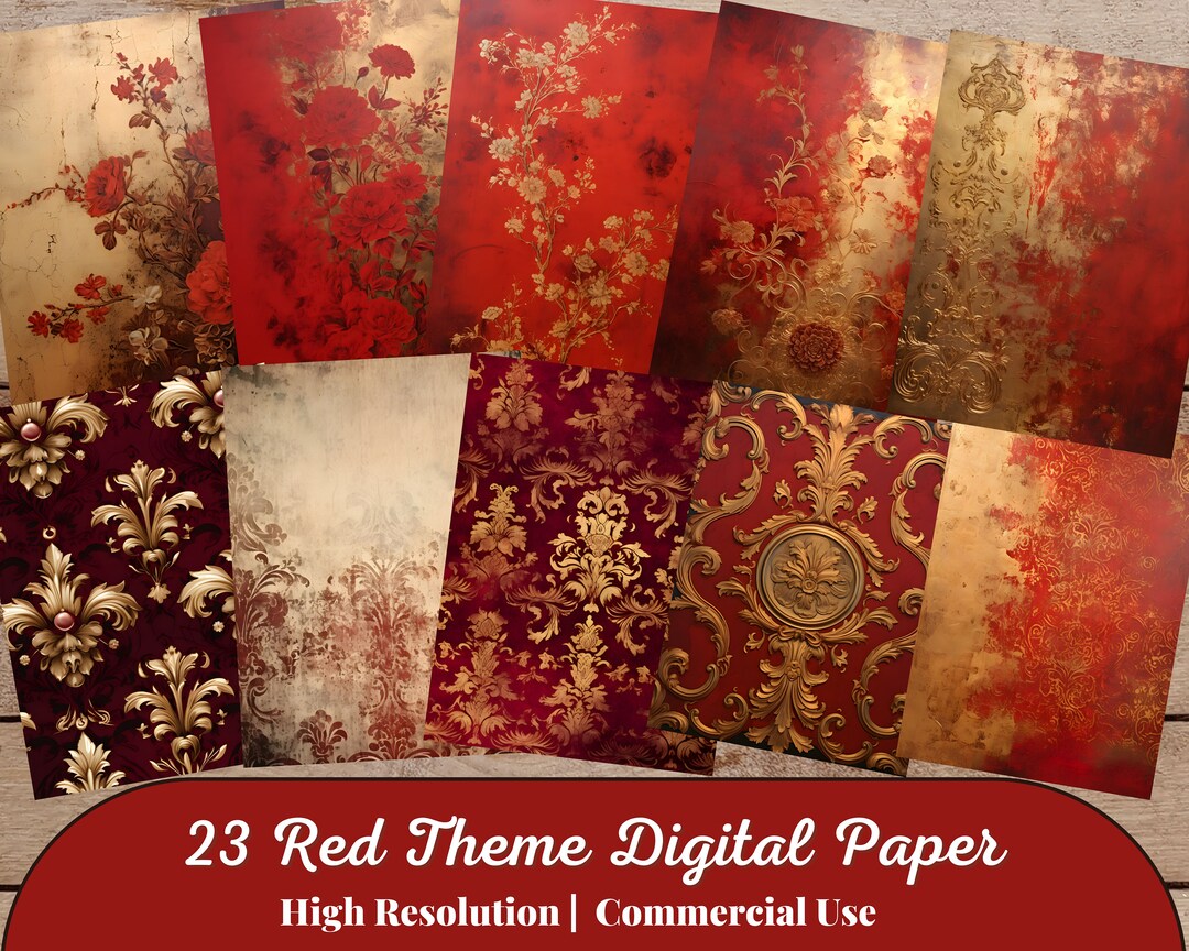 23 Red Theme Digital Paper, Damask Pattern, Stripes, Dots, Fleur De Lis ...