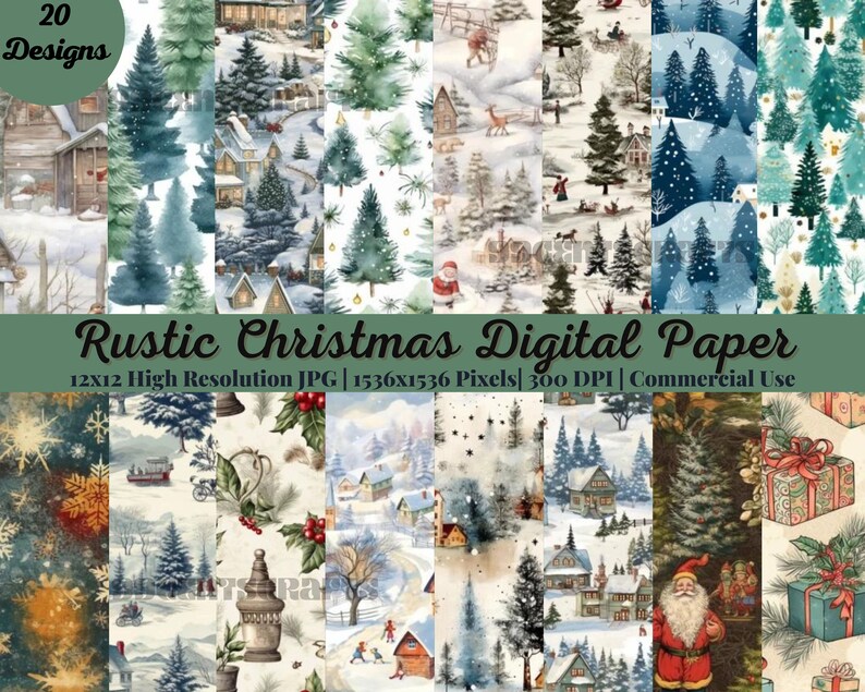 20 Rustic Christmas Digital Paper, Printable Scrapbook Paper, Christmas ...