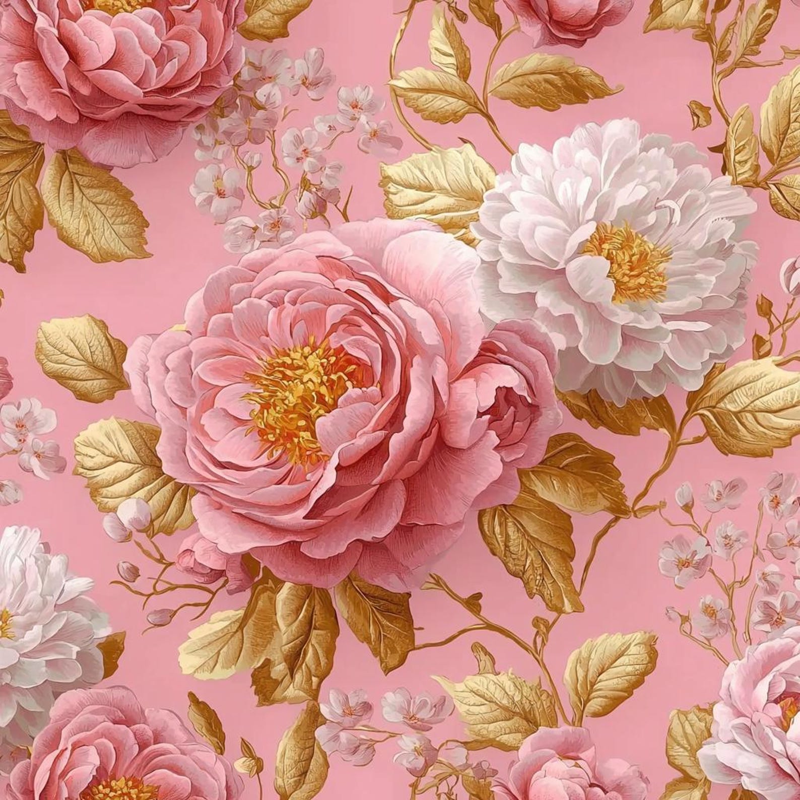 Pink and Gold Floral Digital Paper, Seamless Gold and Pink Rose ...