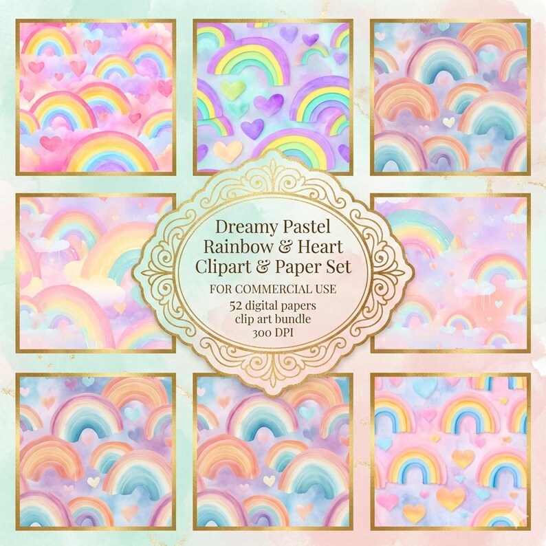 Pastel Rainbows Love Digital Paper | Soft Romantic Backgrounds | Cute ...